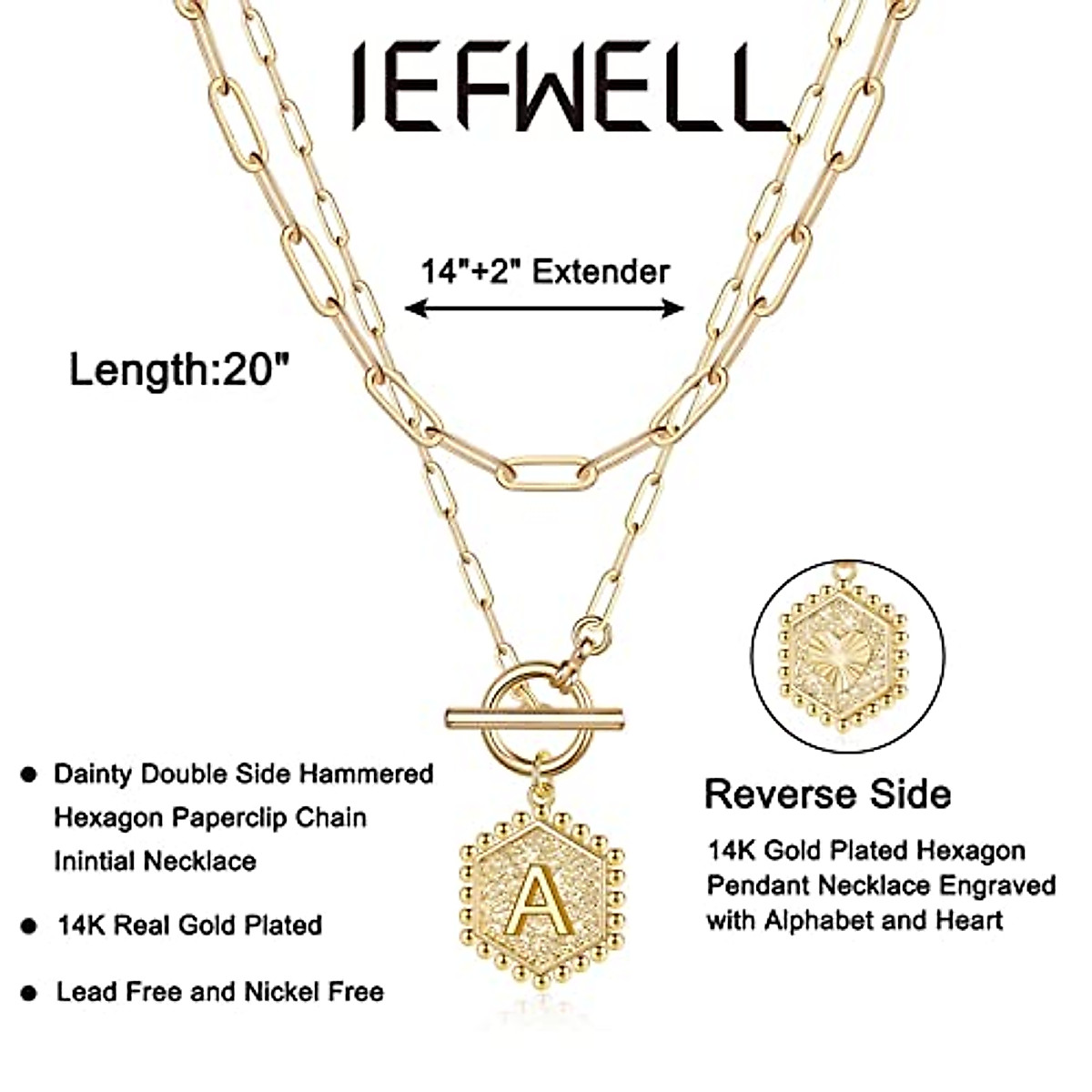 IEFWELL Dainty 14K Gold Plated Paperclip Chain Necklace for Women - Layered Initial Necklace