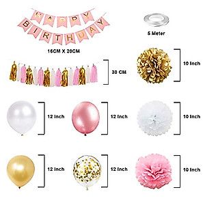 Pink and Gold Birthday Decoration, Happy Birthday Banner, Tissue Flower, Party Balloons for 16th 18th 21st 30th 50th 60th Birthday Party Decoration Supplies for Women Girls