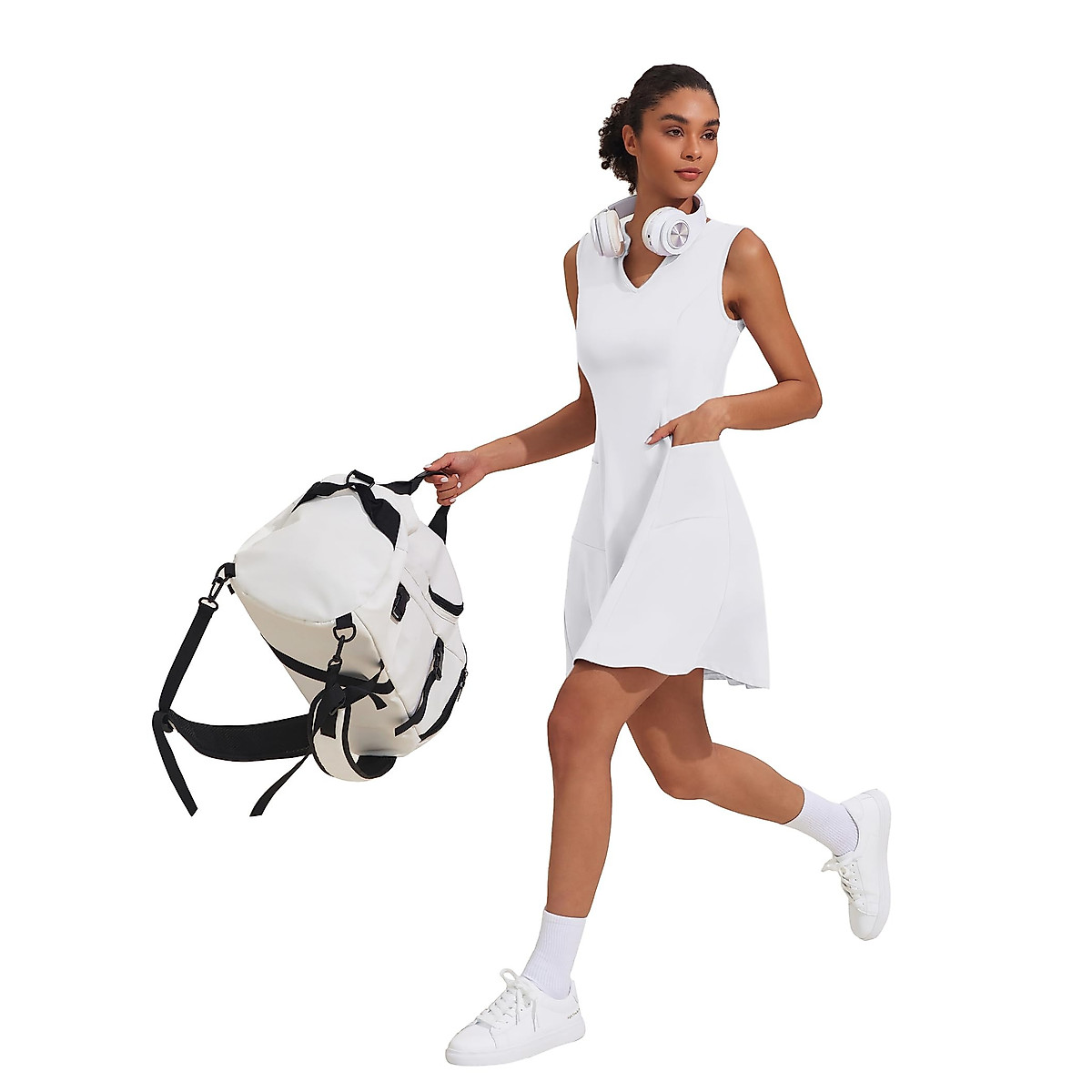 COOrun Womens Stretchy Golf Tennis Dress with Shorts Moisture Wicking Sport Workout Dress with Pockets White