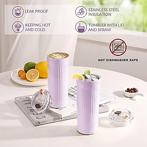 Puraville 14 oz Coffee Tumbler with Lid and Straw, Stainless Steel Insulated Travel Coffee Mug with Lid, Reusable Skinny Tumbler Cup for Women and Men,Lilac