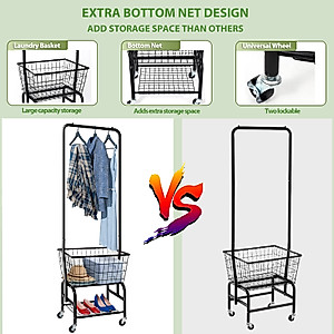 Mosxoed Laundry Cart with Wheels and Hanging Rack, Rolling Laundry Basket with Clothes Rack Laundry Butler with Wire Storage Rack Coat Rack for Laundry Bedroom Hallway, Black