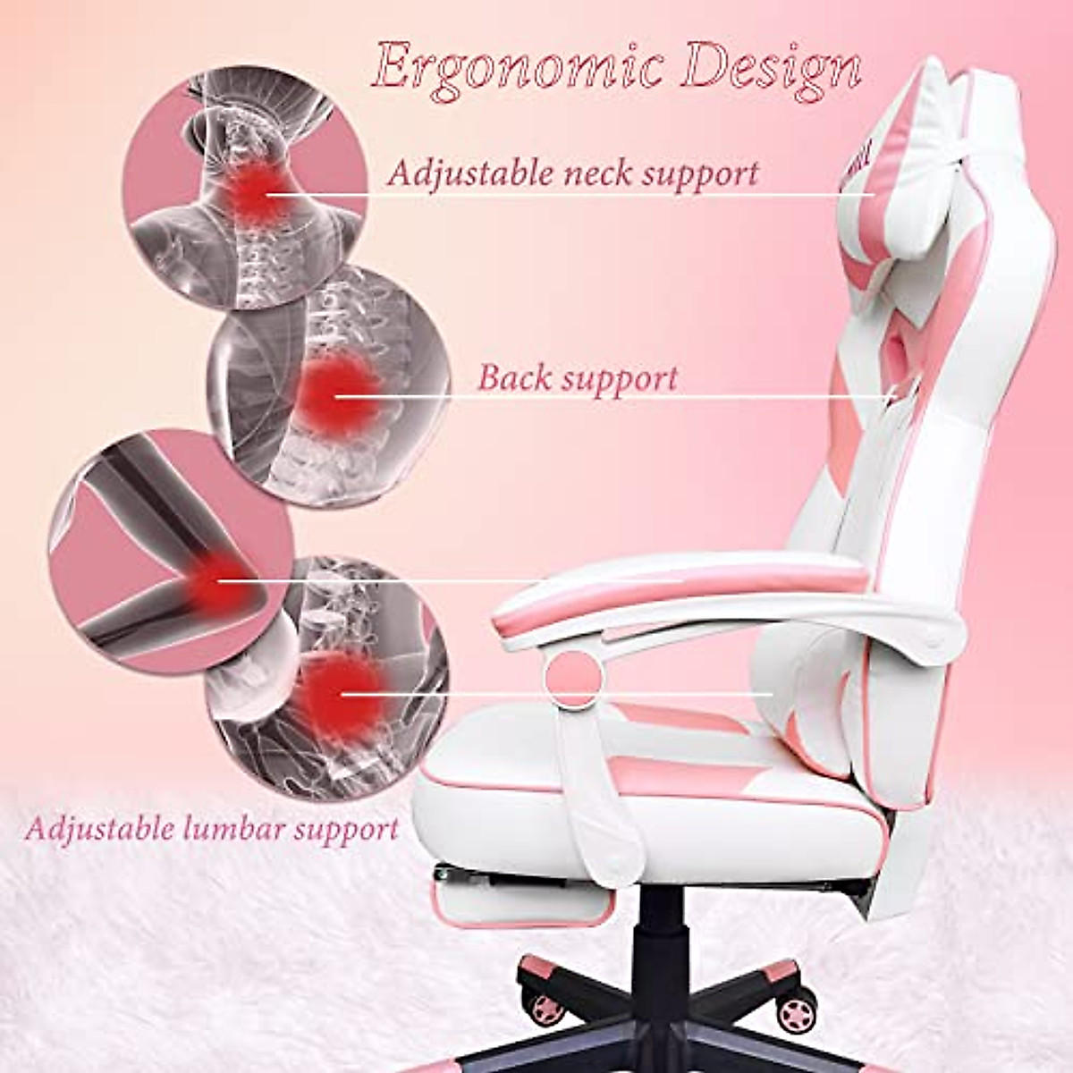 Pink Gaming Chair with Footrest 350LBS Load-Bearing Ergonomic Racing Computer Chair PU Leather with Adjustable Headrest and Lumbar Support for Girls Womens