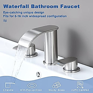 Brushed Nickel Waterfall Bathroom Faucets for Sink 3 Hole - Widespread Bathroom Faucet Two Handles 8 Inch, Modern Bathroom Sink Faucet, with Metal Pop Up Drain Assembly & Supply Lines