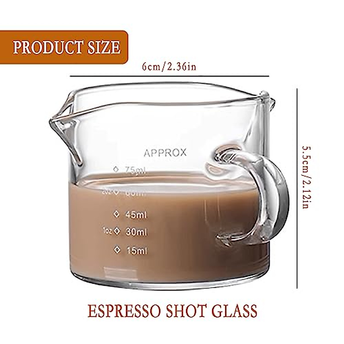 Double Spouts Measuring Coffee Milk Cup 75ML Espresso Shot Glass Espresso Accessories with Handle for Barista Coffee Espresso Making (1 Pack)