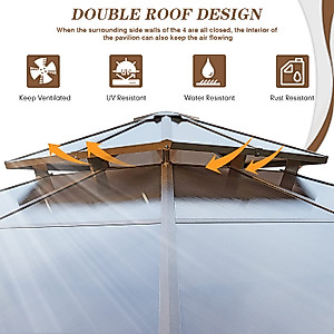 EROMMY 12'x12' Gazebo Polycarbonate Double Roof Pavilion Gazebo Outdoor Aluminum Frame Canopy with Netting and Curtains for Garden Patio Lawns Parties