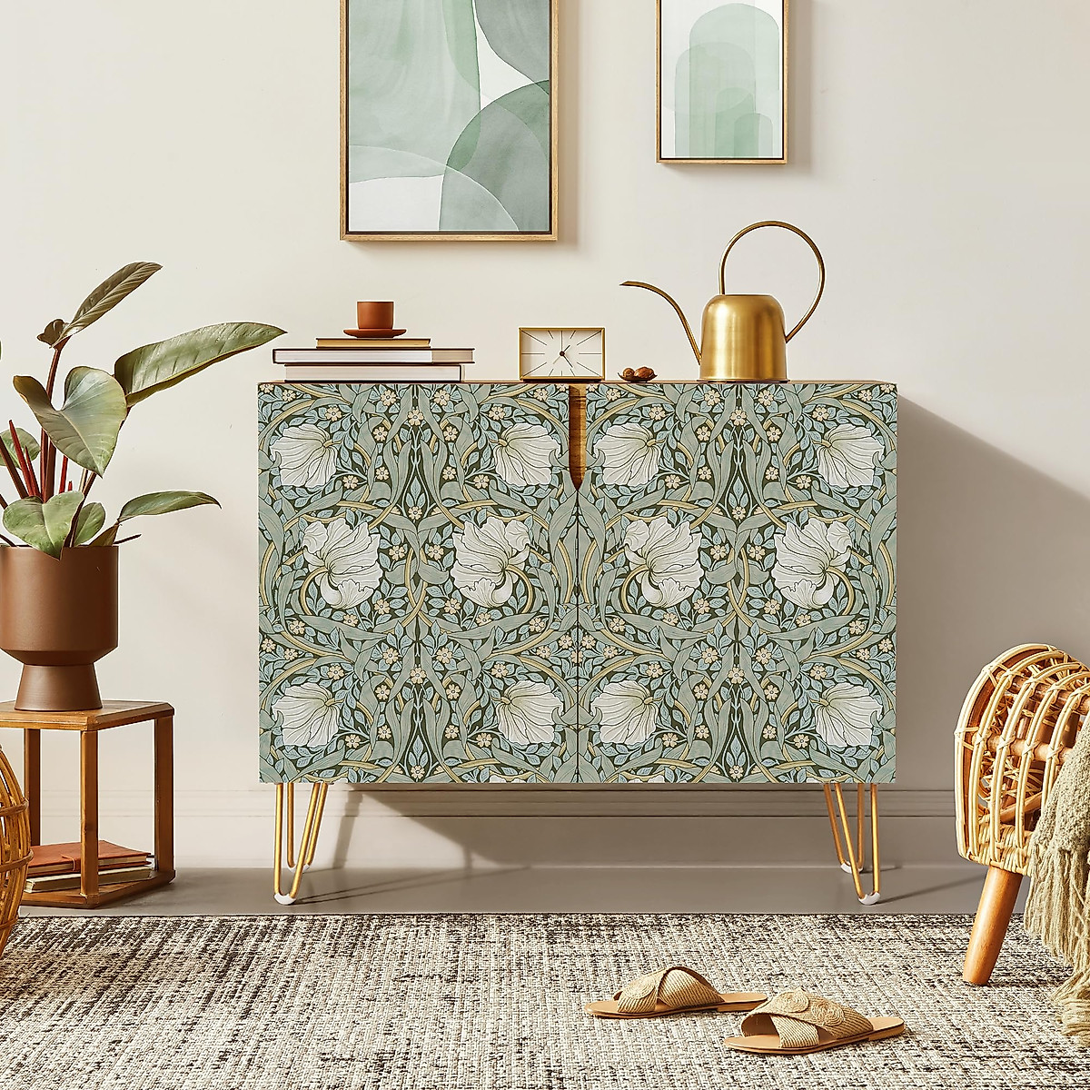 SIGNWIN Sideboard Buffet Cabinet, Kitchen Storage Cabinet with 2 Doors, Geometric Arch Palm Leaf Landscape, Cupboard Console Table for Dining Room- 35" L x 18" W x 29" H