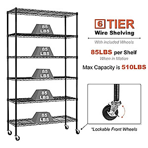6 Shelf Wire Shelving Adjustable Storage Shelves Steel Wire Rack Metal Shelf 2100Lbs Capacity Standing Storage Shelf Units for Laundry Kitchen Garage Pantry Closet ( Black, 48" L x 18" W x 82")