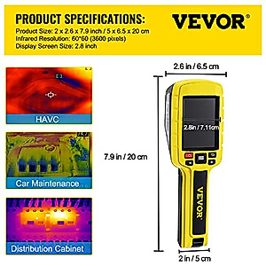 VEVOR Thermal Imaging Camera, 60x60 (3600 Pixels) IR Resolution Infrared Camera with 2.8" Color Display Screen, Built-in SD Card and Li-ion Battery, for HVAC, Electrical System Automatic Detect