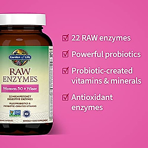 Garden of Life 22 Digestive Enzymes for Women 50 & Over with Bromelain, Papain & Lactase Plus Probiotics & Vitamins B12, Biotin & Zinc – RAW Enzymes – Non-GMO, Gluten-Free, Vegetarian, 90 Capsules