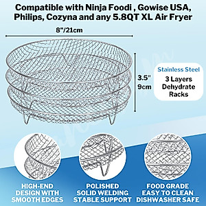Air Fryer Accessories - Three Stackable Dehydrator Racks for Ninja, Instant Pot Vortex, COSORI, CHEFMAN, Gowise, Ultrean, Gourmia - 304 Stainless Steel Grill Rack Fits 4.2-5.8 QT Air Fryer, Oven