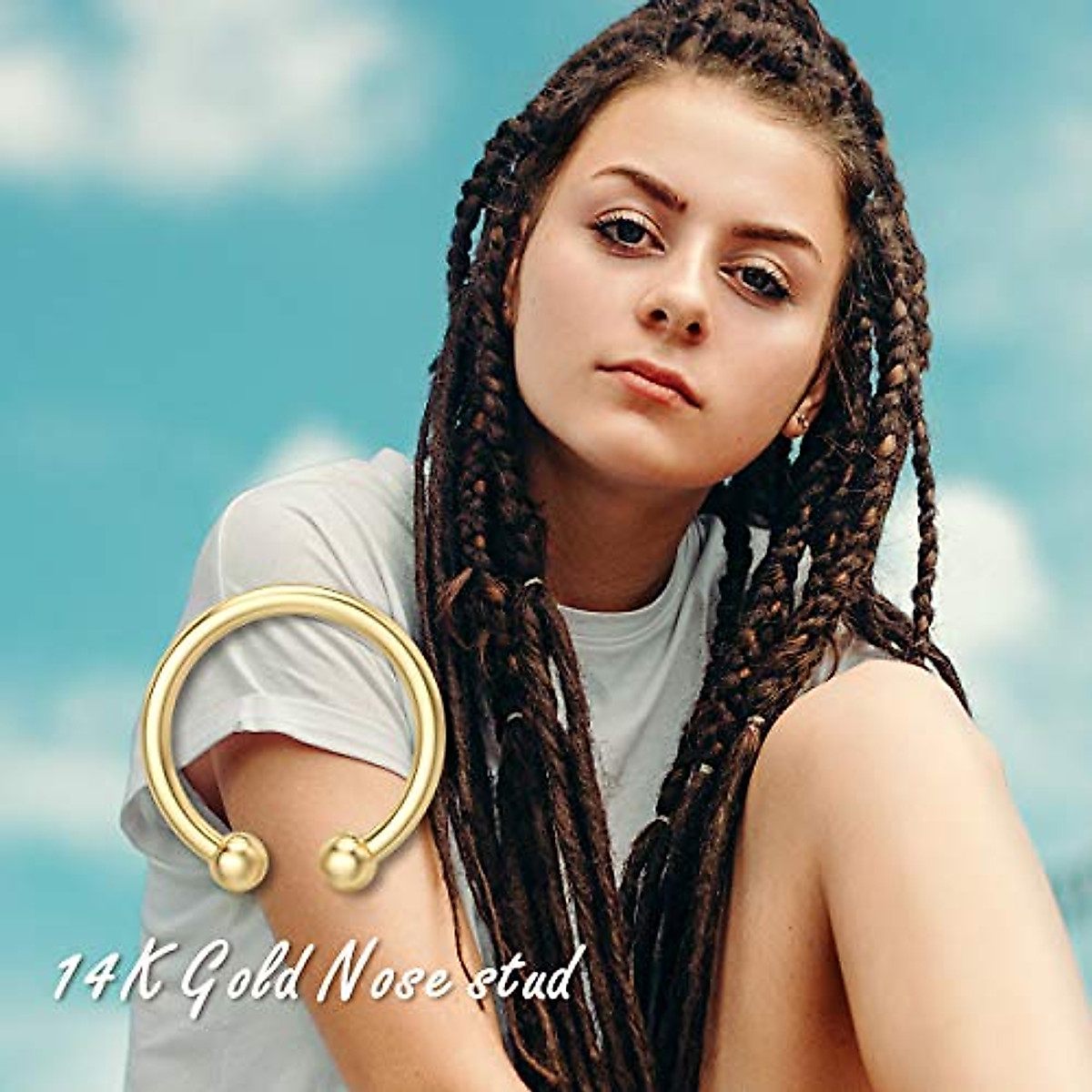 14K Real Gold Ball Nose Lip Ring for Women,1 PC Yellow Gold Small Hoop Earring Nose Ring Fine Jewelry Gift for Mother's Day Birthday（2 in 1） (Style 1)