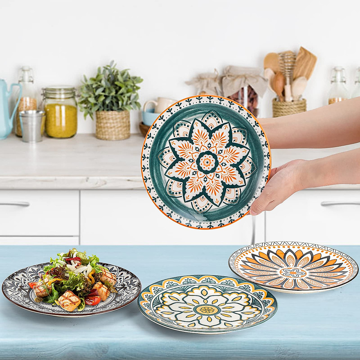 Foraineam 8 Pieces Salad Plates, 8.5 Inch Porcelain Floral Dessert Plates, Colorful Round Lunch Plate Sets for Appetizer Salad Fruit Snack, Dishwasher and Microwave Safe