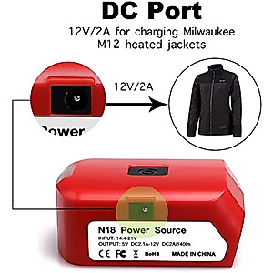 Dual USB Charger Adapter Replacement for Milwaukee M18 Power Source 49-24-2371 with LED Work Light, Compatible with Milwaukee M18 Battery 48-11-1850 48-11-1862 48-11-1820