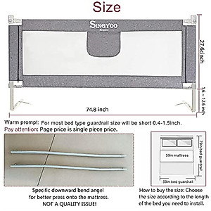 SINGYOO Bed Rails for Toddlers- New Upgraded Extra Long Bed Guardrail Full Size Baby Bedrail for Children Fit for Twin Queen & King Size Bed Mattress one Piece (Grey, 75"(L) x 30"(H))