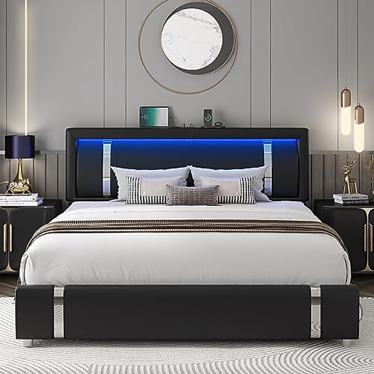 Keyluv Queen Bed Frame with RGB LED Lights Headboard & 2 Storage Drawers, Modern Upholstered Faux Leather Platform Bed with Iron Metal Decor, USB & USB-C Charging Ports, No Box Spring Needed, Black