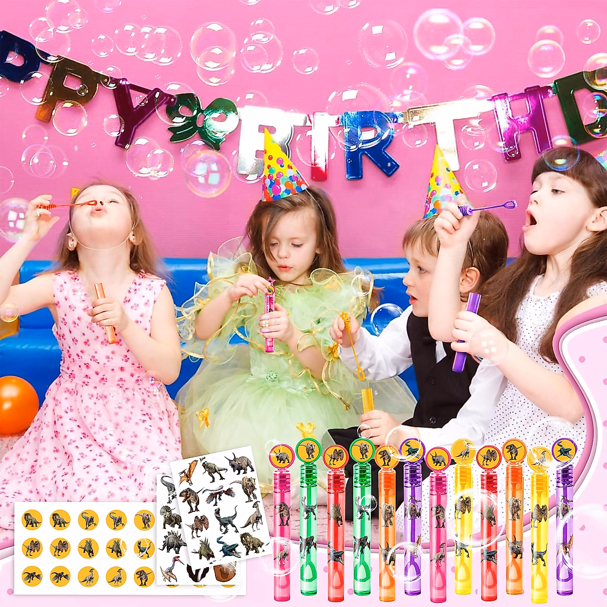 24PCS Dinosaur 3D DIY Bubble Wands Party Favors 96PCS Stickers for Goodie Bag Fillers Pinata Stuffers, Mini Bubble Bulk Birthday Party Supplies Toys Gifts Class Prizes for Toddlers Boys Girls