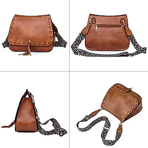 Women Shoulder Crossbody Purse with Wide Guitar Strap, Tassel Design Handbags Vintage Satchel Purse, Brown