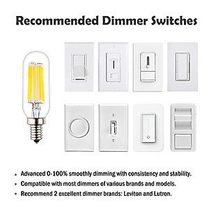 OPALRAY T8(T25) LED Small Tubular Bulb, Dimmable 6W, Natural White 4000K Daylight, 60W Incandescent Equivalent, LED Filament Lamp, E12 Candelabra Bulb Base, Clear Glass Tube Tip, 5-Pack