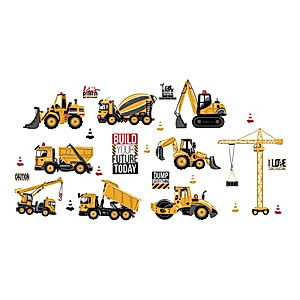 City Construction Vehicles Wall Decals, Engineering Vehicles Tractor Excavator Crane Mud Tankers Wall Stickers, Removable DIY for Trucks Stickers Party Kids Bedroom Playroom Living Room Decor