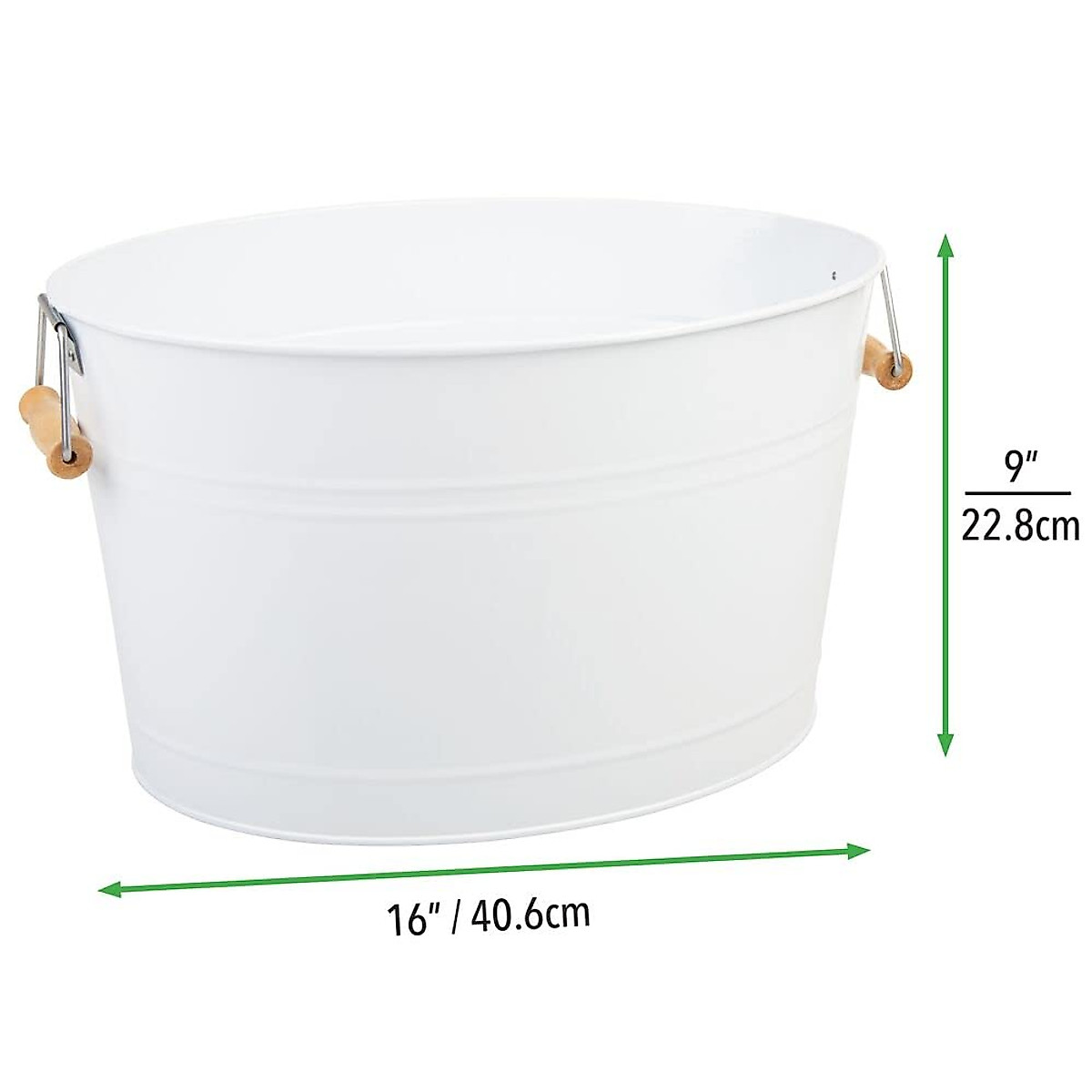 mDesign Large Metal Beverage Tub Oval Cooler for Beer, Wine, Ice, and Drinks - Portable 4.75 Gallon/18 Liter Cold Drink Trough for Parties - Steel Bin Bucket Stand with Bamboo Handles, 2 Pack, White