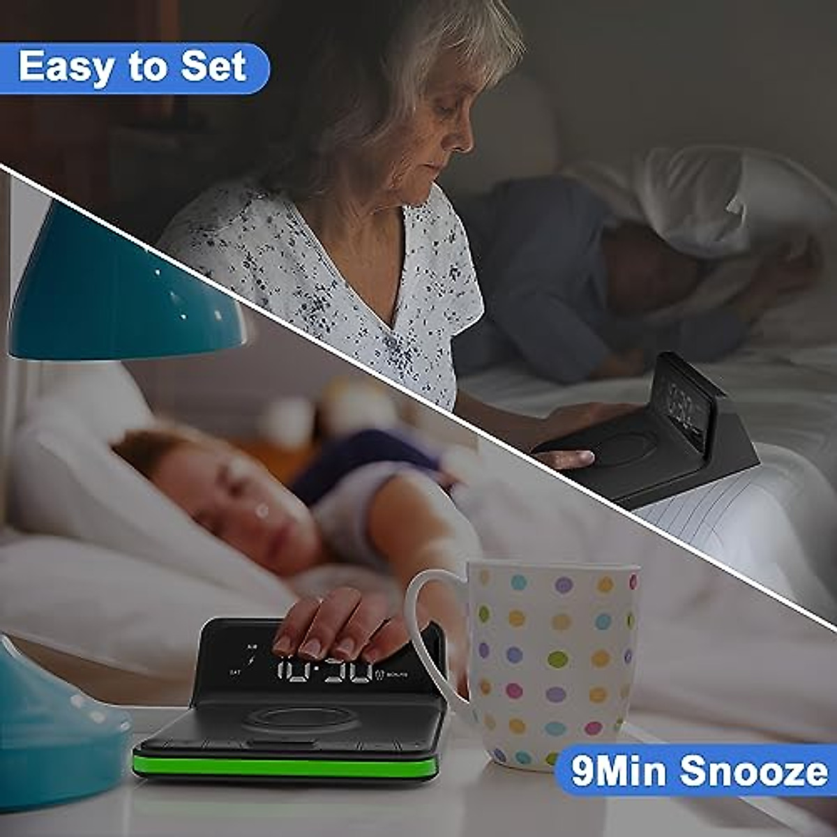 Te-Rich Loud Alarm Clock for Heavy Sleepers Adults, Alarm Clock with Wireless Charging, USB and Lights, Dual Alarm(7-5-2), 6 Dimmer, Battery Backup, Digtial Alarm Clock Wireless Charger for Bedrooms