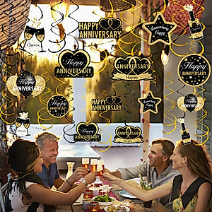 Luxiocio 30Pcs Happy Wedding Anniversary Hanging Swirls Decorations, Black Gold Anniversary Theme Hanging Sign Party Supplies, 10th 20th 25th 30th 40th 50th 60th Anniversary Party Ceiling Decor