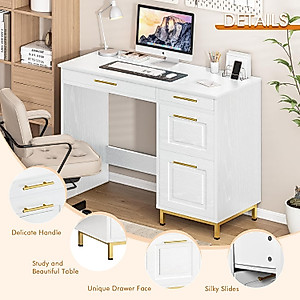 4 EVER WINNER White Desk with Drawers, 43” Home Office Small Desk with Drawers, Gold Hardware for Small Space, White and Gold Desk Writing Study Table for Bedroom