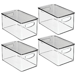 mDesign Plastic Deep Storage Bin Box Container with Lid and Built-In Handles - Organization for Fruit, Snacks, or Food in Kitchen Pantry, Cabinet, Cupboard, Ligne Collection, 4 Pack, Clear/Smoke Gray