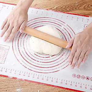 Wood French Rolling Pin for Baking, QUELLANCE Wooden Dough Roller with Silicone Baking Mat, Beech Wood Rolling Pins for Baking Dough, Pizza, Pie, Pastries, Pasta and Cookies,Red Pastry Mat