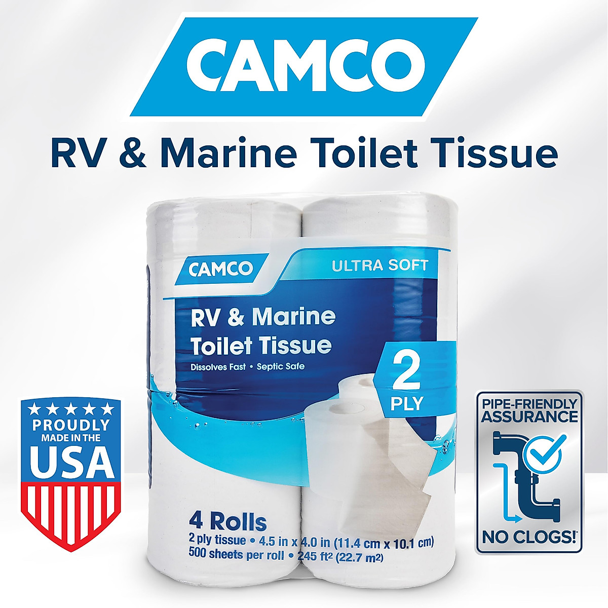 Camco Camper & RV Toilet Paper - 16-Rolls - 2-Ply Quick Dissolve RV Septic Safe Bath Tissue - Dye & Fragrance Free - 500 Sheets Per Roll (40282)