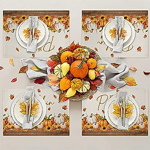 Thanksgiving Fall Pumpkin Sunflower Placemats Set of 4,Heat-Proof Non-Slip Place Mat Maple Leaves on Burlap Linen,Washable Dining Table Mats for Kitchen Dining Holiday Party Decorations