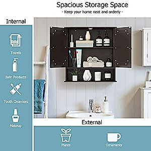 UJOYPAYD Wall Mount Medicine Cabinet Wood Wall Storage Cabinet with 2 Doors Shelf Wall Hanging Mirror Cabinet Organizer w/Adjustable Shelf for Bathroom,Living Room Kitchen (Brown)