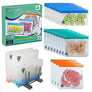 Latest Sense Reusable Storage Bags, BPA-Free – 20 Pack Reusable Sandwich Bags with Drying Rack – Eco-Friendly Ziplock Storage Bags for Food, Snacks, Lunch – Leakproof Reusable Freezer Bags