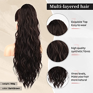 Flufymooz Ponytail Extension, 26 Inch Drawstring Ponytail Hair Extensions for Women，Long Curly Wavy Ponytail Natural Wavy Synthetic Hairpiece for Women Daily Use party (26 Inch Black Brown)