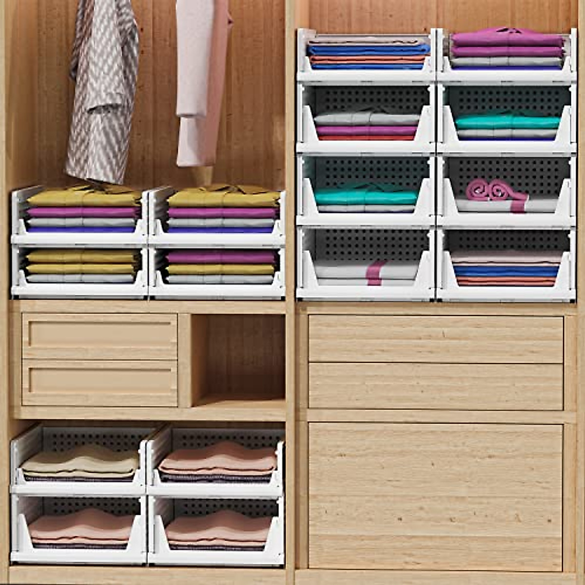 MVSRWLL Stackable Plastic Storage Basket Bin Shelf Box for Closet Wardrobe Organizer 8 Pack Foldable Clothes Drawer Storage Container for Cupboard Kitchen Bathroom Bedroom Office (White)(4L4S)