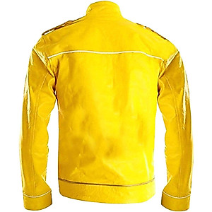 LP-FACON Mens Rock Star Costume Wembley Concert Yellow Cosplay Faux Leather Jacket