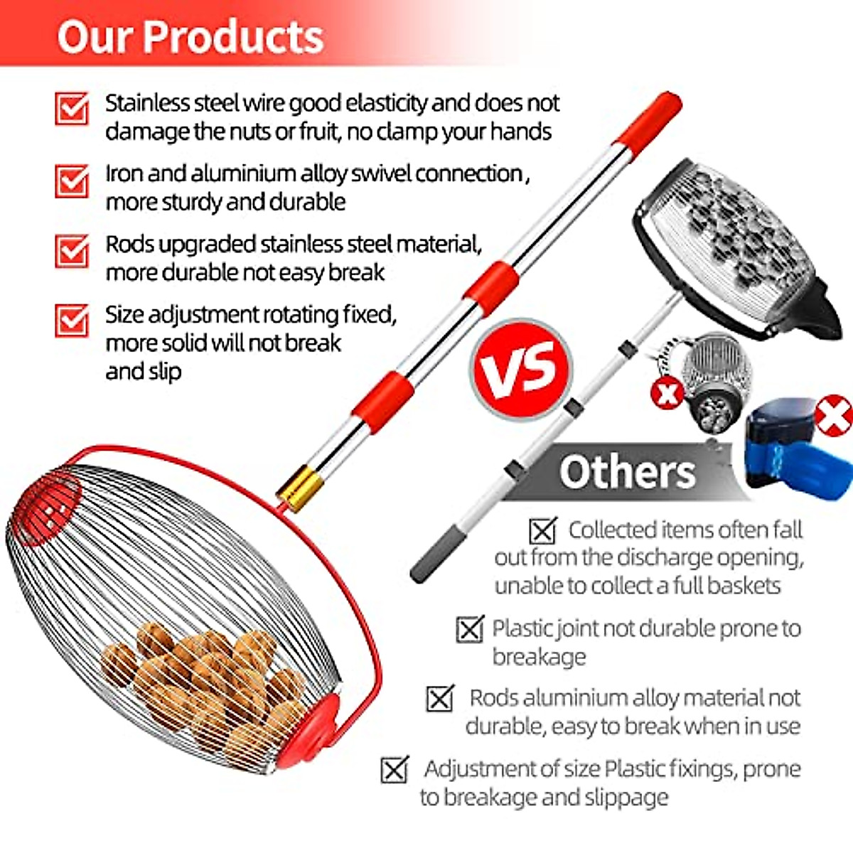 Large Nut Gatherer Rolling Nut Harvester Ball Picker Adjustable Lightweight Outdoor Manual Tools Picker Collector Walnuts Pecans Golf Nerf Darts and Ball 1'' to 3'' in Size (7.48 * 12.6in)