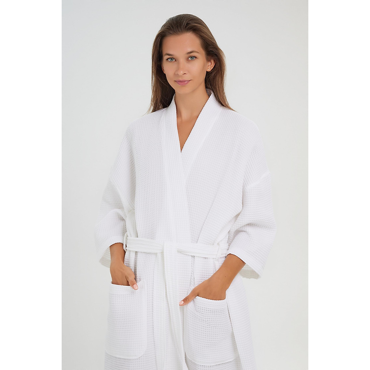 MONARCH Square Waffle Spa Kimono Robe - Soft Light Hotel Bathrobe Cypress (One Size/Large, White) (US, Alpha, One Size, White)