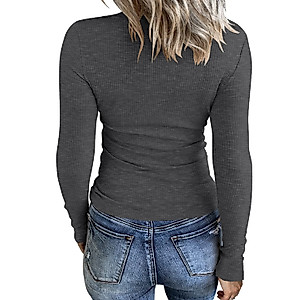 HERILIOS Women Casual Long Sleeve Tunic Tops V-Neck T Shirts Criss Cross Ribbed CasualTee Slim Fitted Fall Blouse Dark Grey