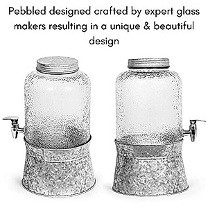 BirdRock Home 2.5 Gallon Pebbled Glass Beverage Dispenser with Galvanized Stand - Lid - Spigot - Decorative Round Jar for Drinks - Lemonade Sangria Tea Water Drink Jar Jug - Home Parties