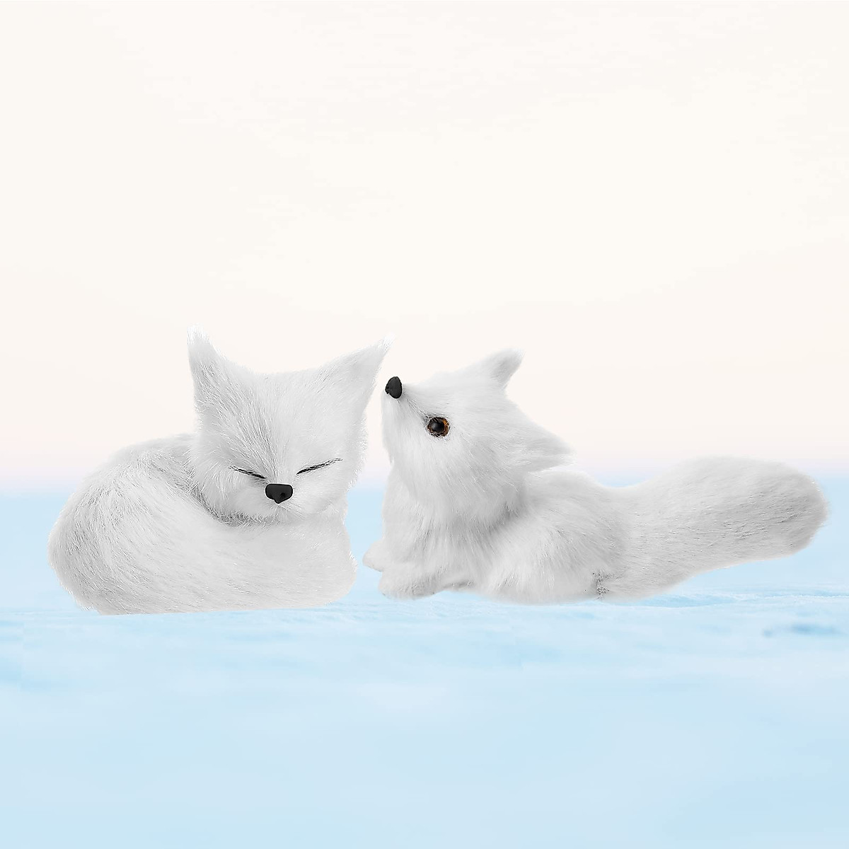 Simulation Fox Toy 2 Piece Fur Fox Model Stuffed Fox Ornament Static Action Figures Fox Squatting Sleeping Plush Mini Fox for Home Office Bag Decoration 5.5 x 2.76 Inch, 3.15 x 2.36 Inch (White)