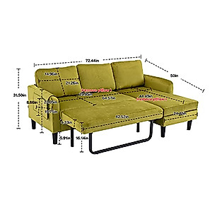 Eafurn Sectional Pull Out Bed, PU Leather Upholstered 3 Seats Sleeper Reversible Chaise Lounge w/Storage, Modern Design 72" L-Shaped Corner Sofa & Couches for Living Room, Olive
