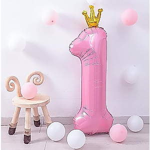 40 Inch Crown Pink Number 1 Balloons, Jumbo Light Pink Number Balloon Mylar Balloons for First Birthday, 1st Birthday Decorations Girls, Anniversary Decorations