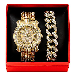 Techno Pave Men's 45mm Iced Out Roman Dial Watch with Bracelet Set - Gold Dial with Big Cuban Bracelet