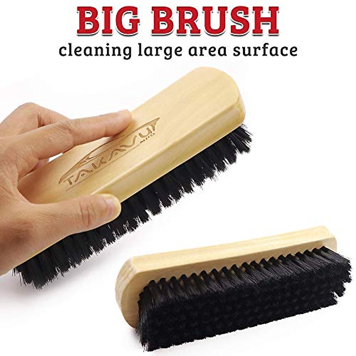 Leather & Textile Shine Brush by TAKAVU, Durable Soft Nylon Bristles, Included Detailing Cleaning Brush, Unique Concave Design Wood Handle for Car Interior Seat Carpet Upholstery Couch Boots Shoes