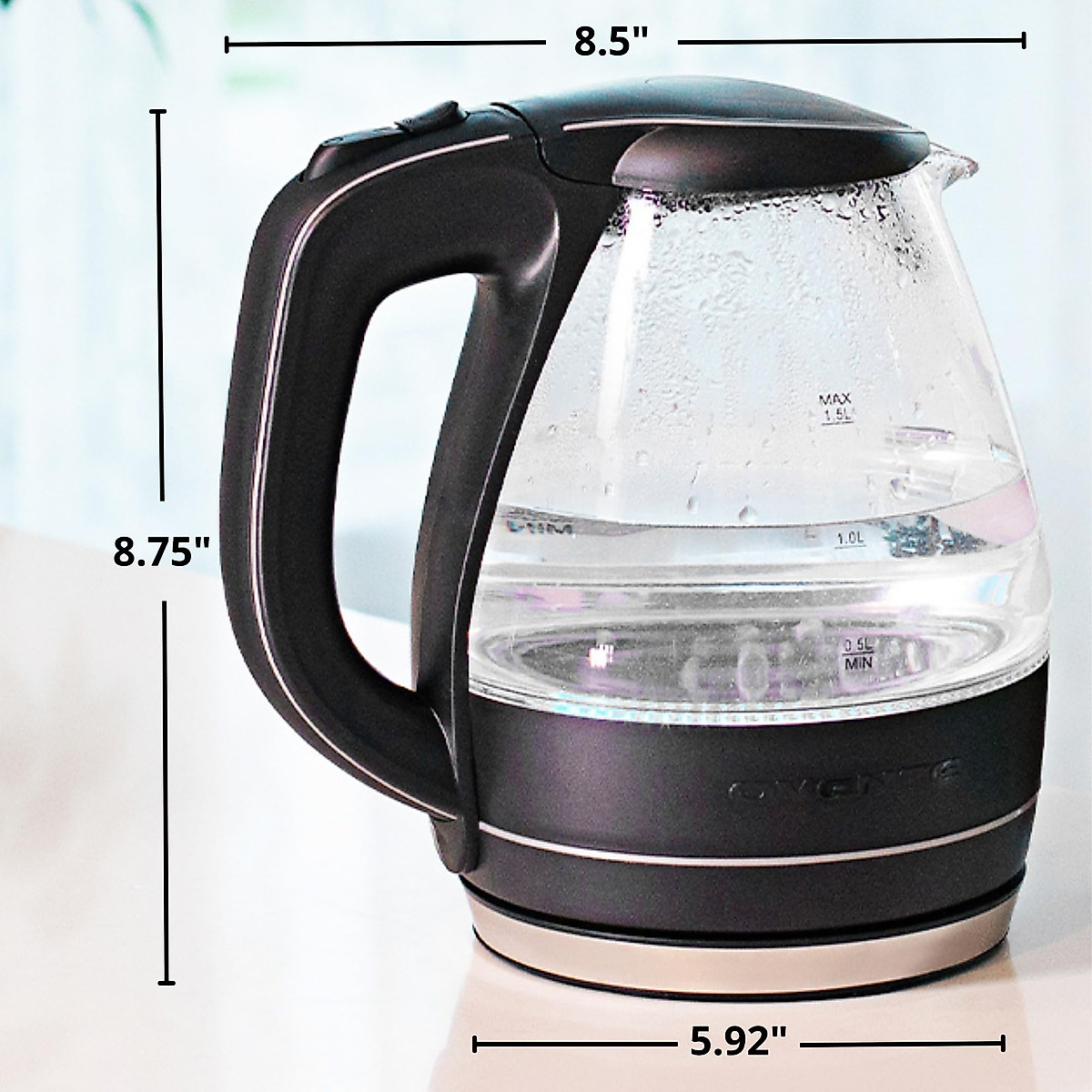 Ovente Glass Electric Kettle, 1.5 Liter BPA Free Borosilicate Glass Fast Boiling Countertop Heater with Automatic Shut Off & Boil Dry Protection, Hot water Boiler for Tea & Coffee, Black KG83B