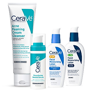 CeraVe Acne Skin Care Set | 5oz Acne Foaming Cream Cleanser + 1oz Resurfacing Retinol Serum + 2oz AM Facial Moisturizing Lotion with SPF 30 + 2oz PM Facial Moisturizing Lotion | Skin Care Routine
