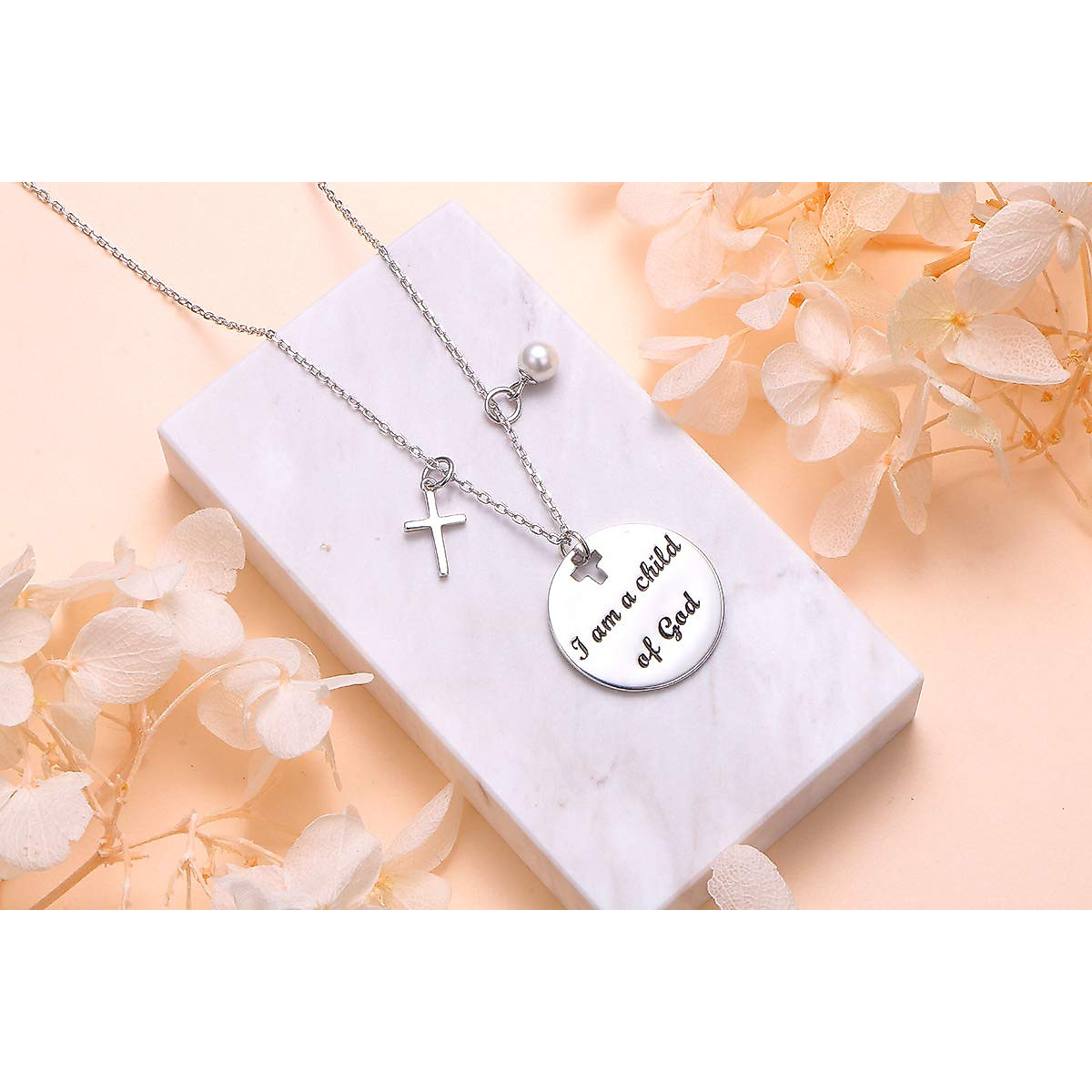 DAOCHONG Easter Gift Religious Jewelry 925 Sterling Silver I Am a Child of God Laser Engraved Round Plate Pendant Necklace with Cross Charm, 18 + 2 inches