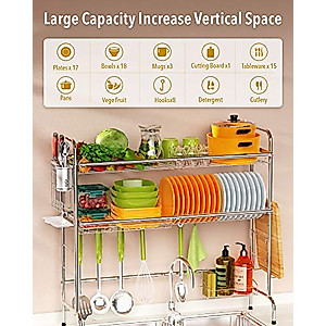 Ace Teah Over The Sink Dish Drying Rack 2-Tier Large Over Sink Dish Rack for Kitchen Organizer, Above Sink Dish Drainer Stainless Steel with Utensil Holder Hooks, Silver