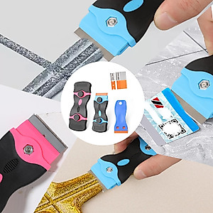 3 Pack Razor Blade Scraper, Premium Plastic Cleaning Scraper Tool with 40 PCS Metal & Plastic Razor Blades, Multi-Purpose Glass Scraper for Windows, Sticker, Decals, Cooktop, Paint Removal(Pink, Blue)